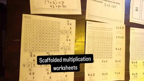 Scaffolded Multiplication Worksheets with Single Fact and Two by One Digit