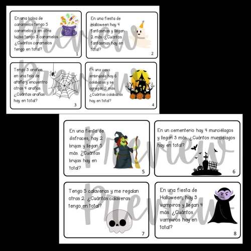 Problemas de cuento sumas Halloween Addition Word Problems in Spanish