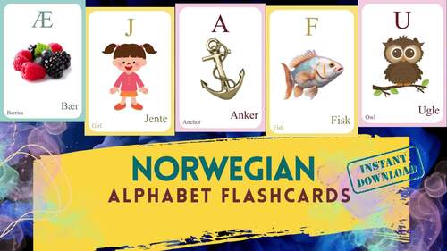 NORWEGIAN Alphabet FLASHCARD with picture, Learning Norwegian ...