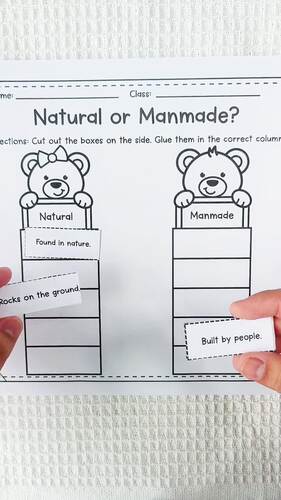 Natural or Manmade? Cut and Paste Sorting Activity Worksheets | TPT
