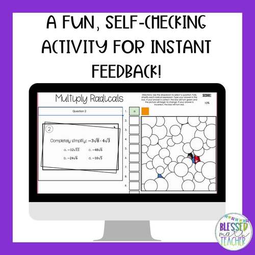 Multiplying Radical Expressions Digital Activity + Task Cards + Worksheet