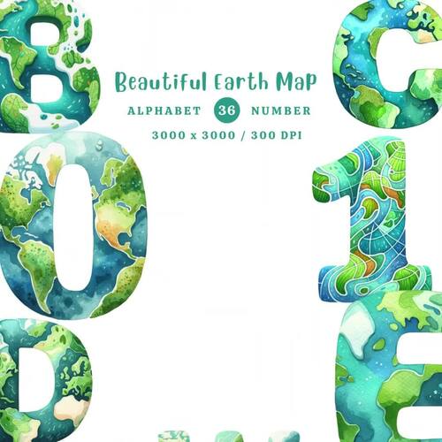 Earth Map Watercolor Alphabet Clipart by Adorable Clipart | TPT