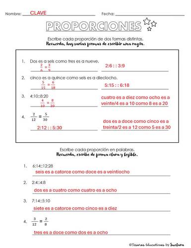 RAZONES Y PROPORCIONES│ RATIOS AND PROPORTIONS WORKSHEETS IN SPANISH