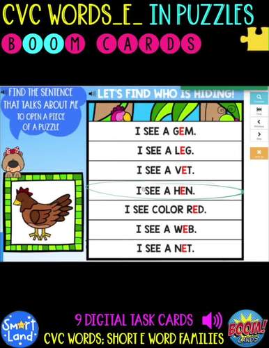 CVC words_short E_in PUZZLES| Boom Cards™ by Smart Land Printables
