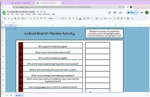 Judicial Branch Courts Interactive Google Sheets Digital Game Activity