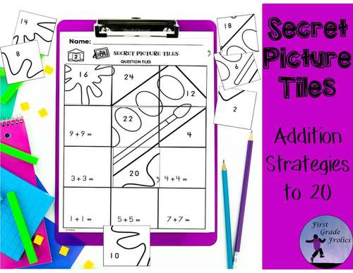 Addition Strategies to 20 School Theme Secret Picture Tiles | TpT