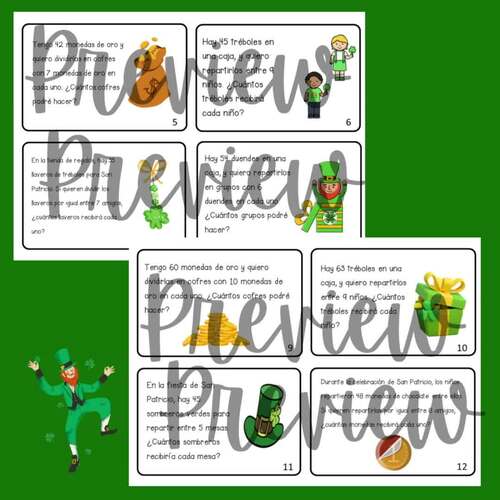 Tarjetas de Problemas de División Día de San Patricio | TPT