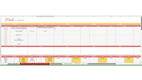 Meal Planner with Automated Grocery List Excel Spreadsheet - Coral