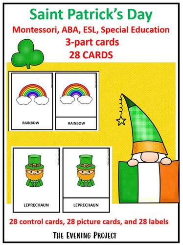 Saint Patrick’s Day Montessori, ABA, ESL, Spec.Educ. 3-part cards 28 CARDS
