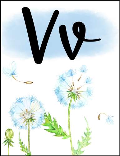 Watercolor Soft Blue Dandelion Blowball Classroom Decor-Alphabet