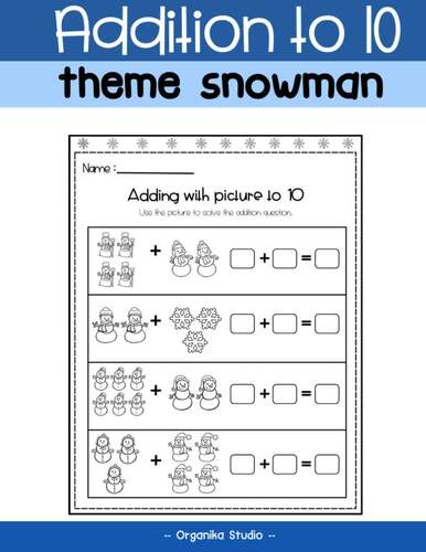 Snowman addition with picture to 10 | adding to 10 | winter addition