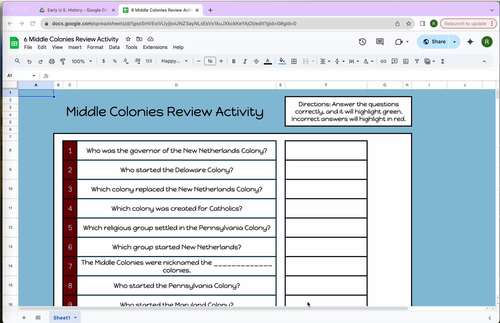 Middle Atlantic Colonies Interactive Google Sheets Digital Game Activity
