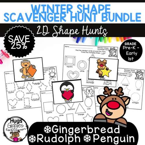 Winter Shapes Scavenger Hunt Bundle | Gingerbread, Rudolph & Penguin ...