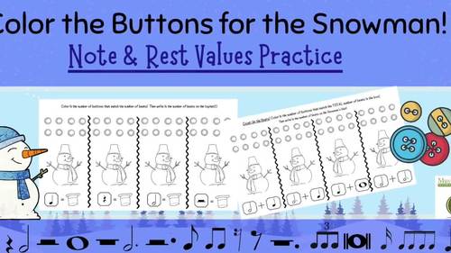 Music Rhythms Note Values Practice - Color the Buttons on the Snowman! PDF