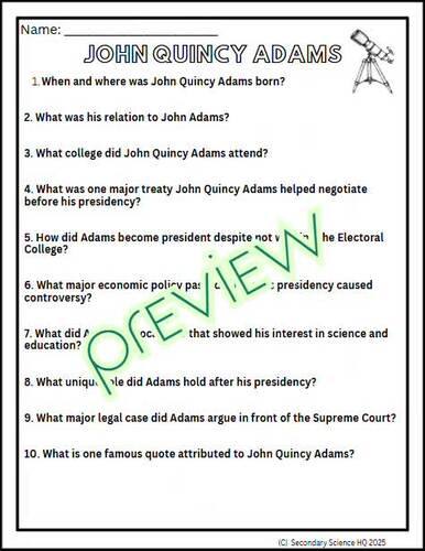 John Quincy Adams Study Guide with Worksheet, PDF Coloring and Review ...