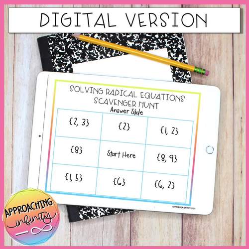 Solving Radical Equations Digital and Printable Scavenger Hunt | TPT