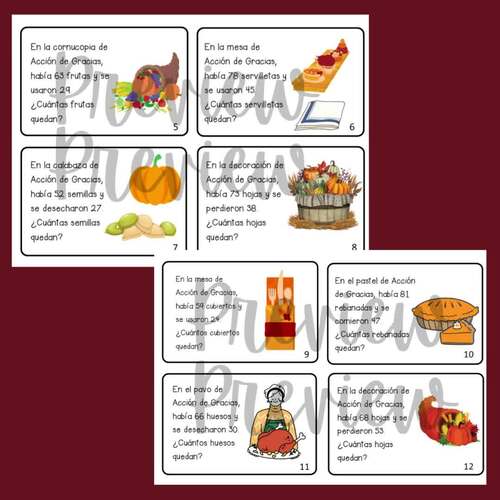 Problemas de cuento resta de Día de Acción Subtraction Word Problems in ...