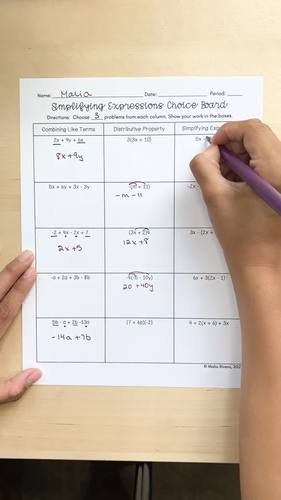 Simplifying Algebraic Expressions Digital and Printable Choice Board