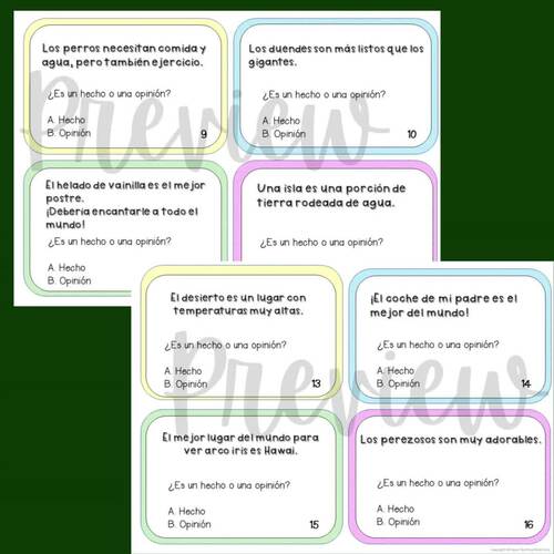 Hecho y Opinión Tarjetas de comprensión by Bilingual Teaching Made Easy