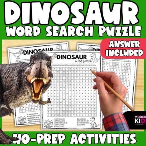 No-Prep Dinosaur Word Search Puzzle Worksheets with Answers | TPT