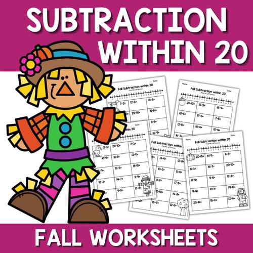 Fall Subtraction within 20 Number Line Worksheets Bundle 2nd Grade Fact ...