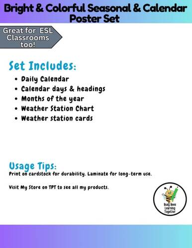 Bright Colors Theme Calendar & Seasons Set by Busy Bees Learning Together