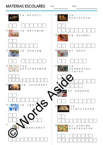 Spanish Vocabulary Worksheet Card Crossword Word Search Anagram SCHOOL ...