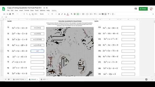 Google Sheets Digital Pixel Art Math Solving using the Quadratic Formula
