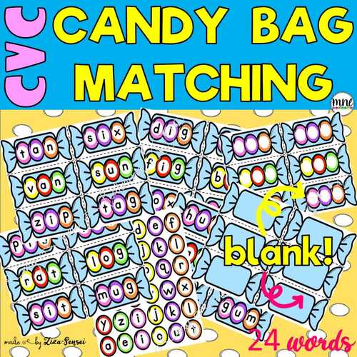 Phonics CVC Candy And Bag Matching Activity Board Game Worksheets Pack