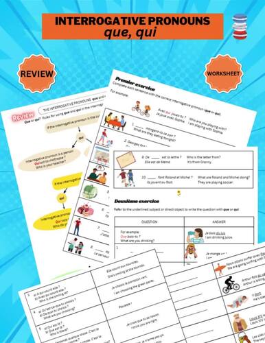 FRENCH Interrogative pronouns QUE QUI review worksheet exercises