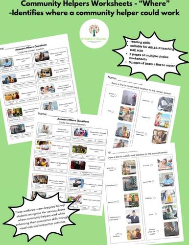 Community Helpers Worksheets-Answer Where Questions (ABLLS-R G31, C42, H25)