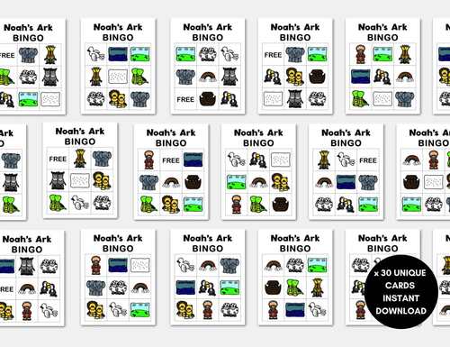 Noah's Ark Bible Story Bingo Game with 30 Bingo Cards for Sunday School