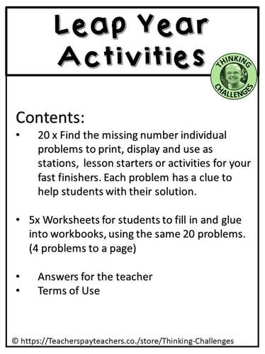 Leap Year Math Activities By Thinking Challenges TpT