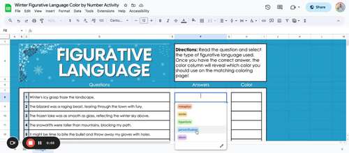 Winter Figurative Language Color-by-Number Activity for Secondary ELA