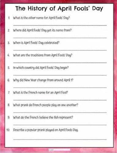 History of April Fools' Day Reading Comprehension Worksheets | TPT