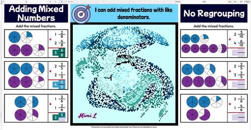 Adding Mixed Numbers with Common Denominators Pixel Art Activity