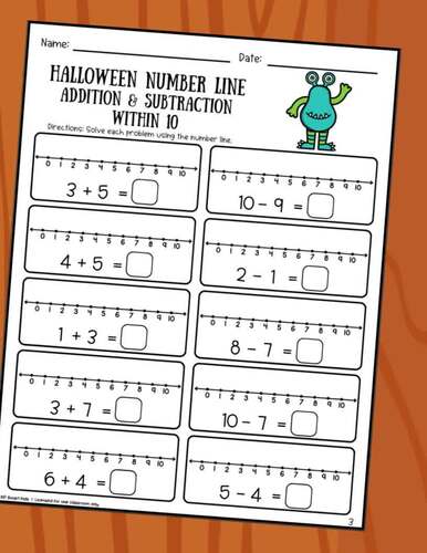 Halloween Number Line Add & Subtract Within 10 Math Facts Practice ...