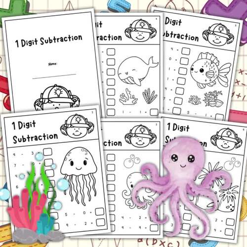1 Digit Subtraction Worksheets | Under The Sea Coloring Math Pages | KG, G1