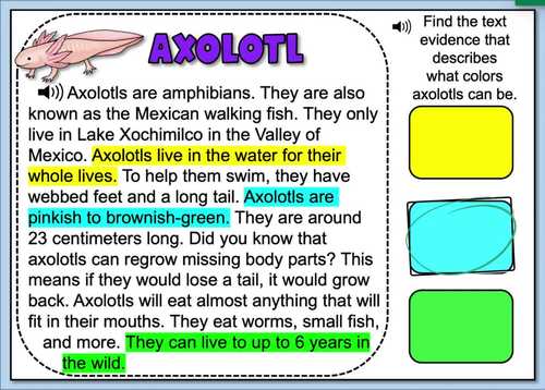 Axolotls Finding Text Evidence Reading Comprehension Boom Cards | TPT