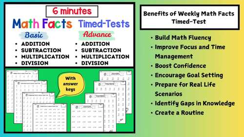 6-minutes Math Facts Timed-Tests to build fluency, accuracy, and speed!