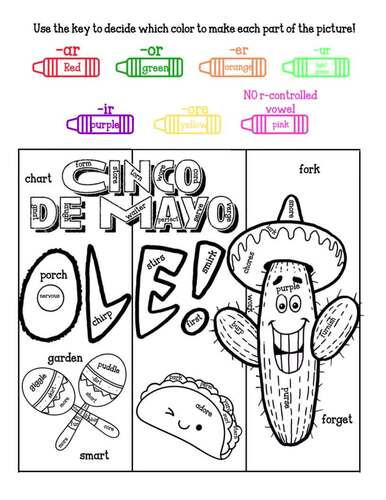 Cinco De Mayo Color By Word PHONICS R Controlled Vowels coloring May Fun