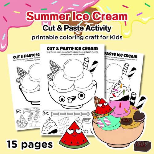 Summer Ice Cream Cut and Paste Craft for Kids, DIY Coloring Activity ...