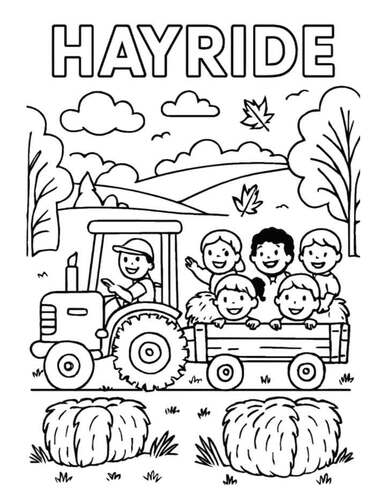 hayride coloring page ,fall,farm,harvest,wagon,pumpkins,coloring,printable