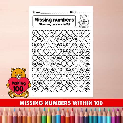 Valentine Missing Numbers to 100 Worksheets | Making 100 Math | 20 PDF ...