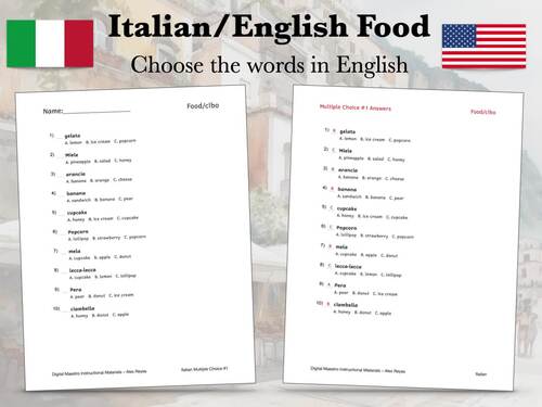 Italian/English food vocabulary Multiple Choice | TPT