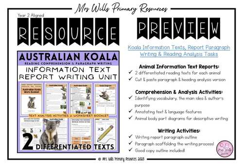Koala Information Texts, Report Paragraph Writing & Reading Analysis Tasks