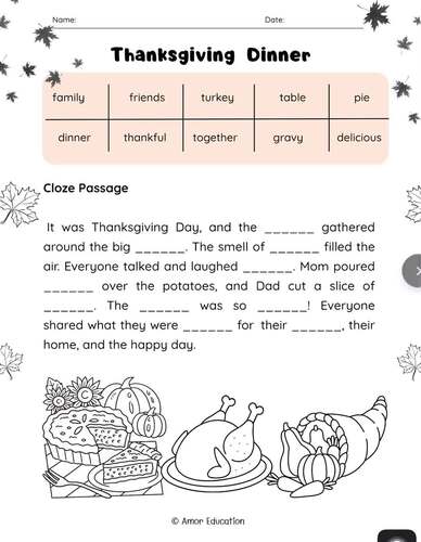 Thanksgiving Cloze Passages | Reading Comprehension Vocabulary ...