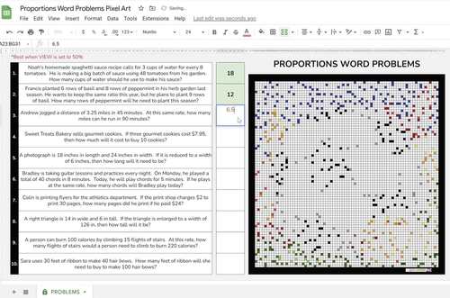 THANKSGIVING MATH Google Sheets Digital Pixel Art Proportions Word Problems