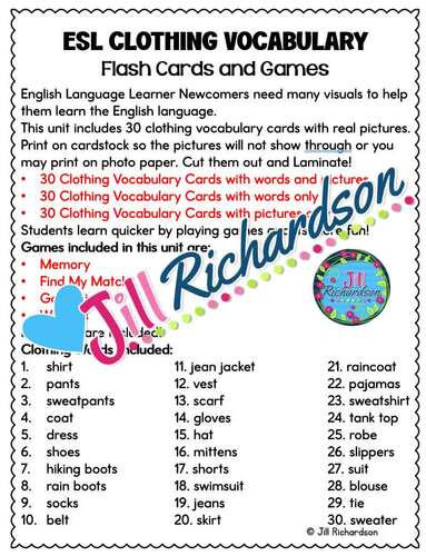 ESL Flashcards Games for Newcomers Clothing Vocabulary Middle High School