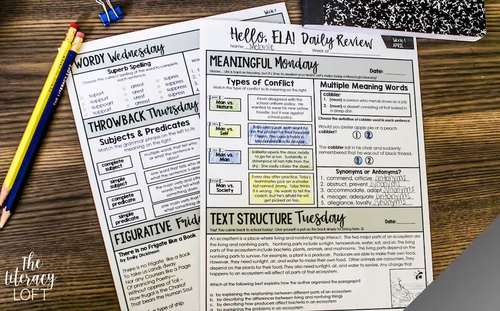 6th Grade ELA Morning Work Warm-ups Bell Ringers Fun Reading Review